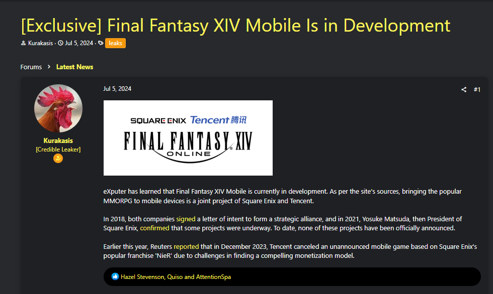 Final Fantasy XIV Mobile is in development under Square Enix and ...